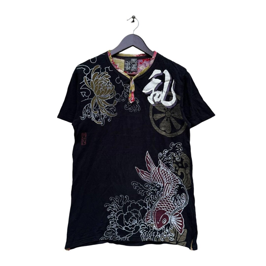 Vintage Black Artistic Traditional Japanese Motifs Short Sleeved Shirt ...