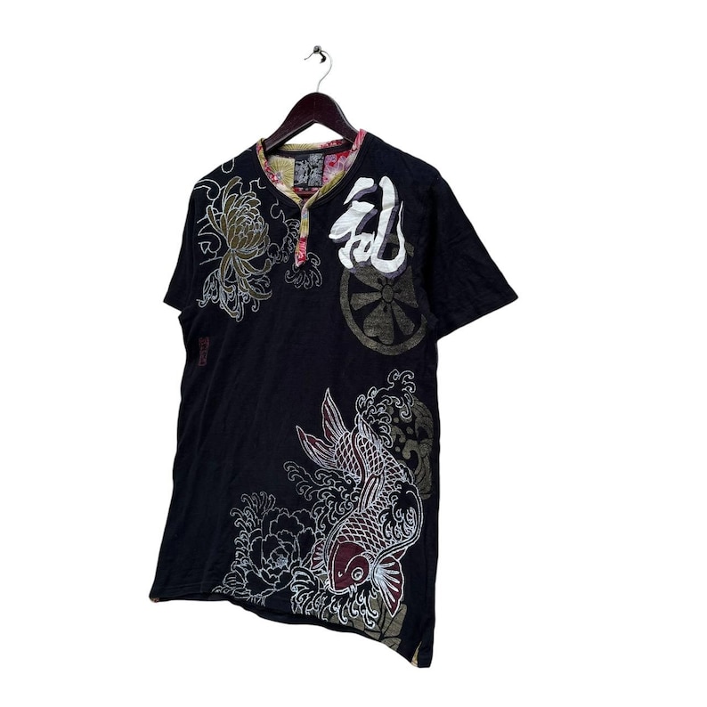 Vintage Black Artistic Traditional Japanese Motifs Short Sleeved Shirt ...