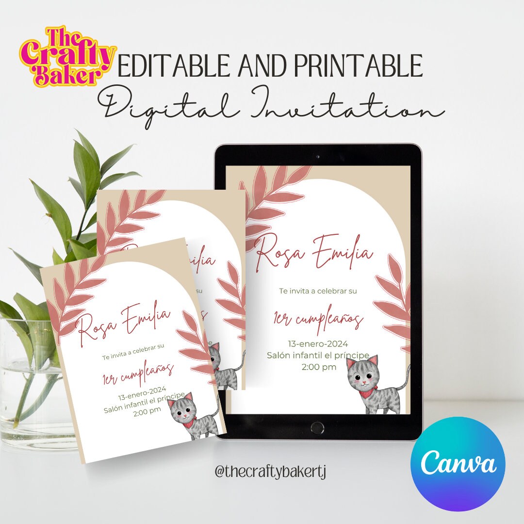 Plantilla de invitación digital cat, editar en canva. - Etsy España