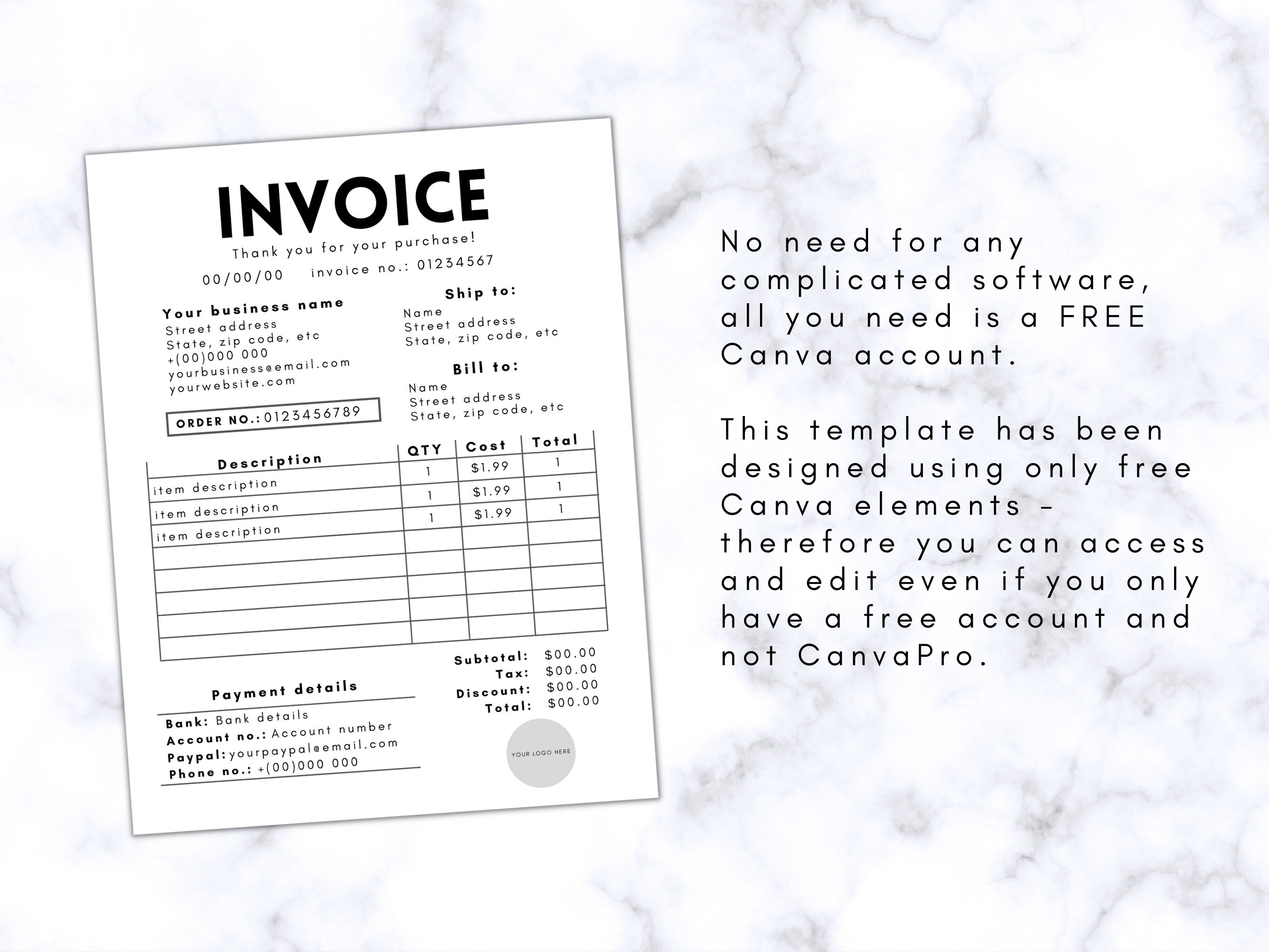 Instant Download Invoice Template for Canva, Photography Invoice ...