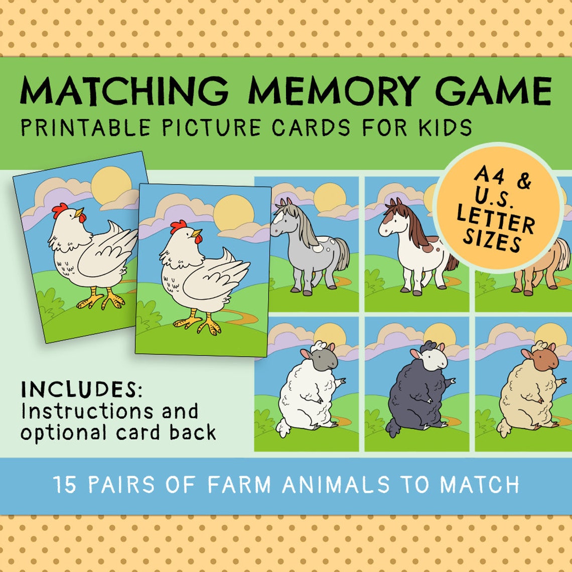 Farm Animal Matching Memory Game for Kids | 15 Printable Card Tile ...