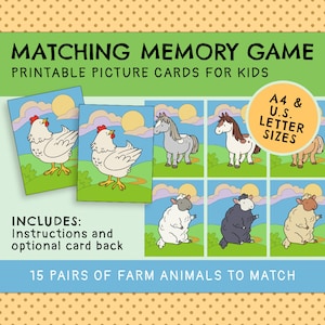 Farm Animal Matching Memory Game for Kids | 15 Printable Card Tile ...