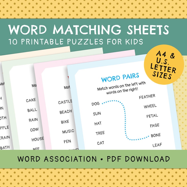 Word Matching for Kids (10 Printable Puzzles) | Instant Digital ...