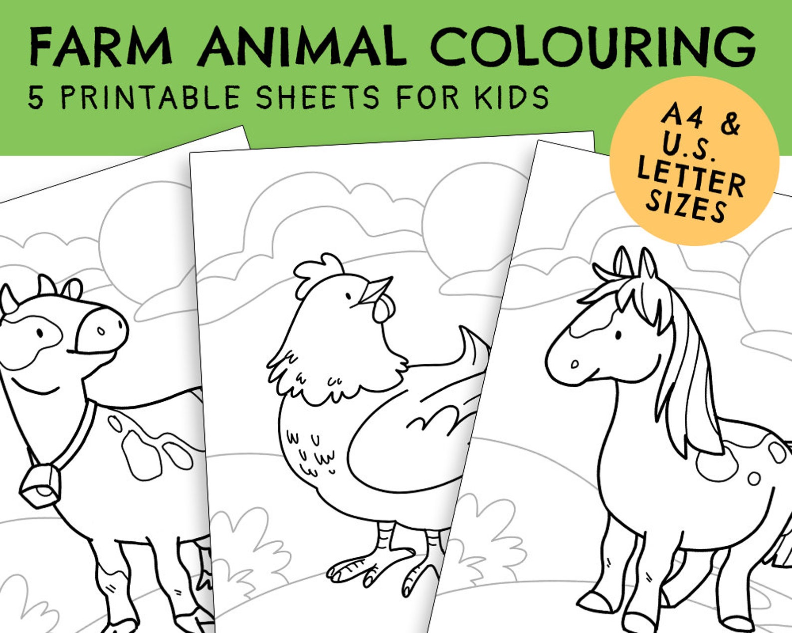 Farm Animal Colouring Pages for Kids 5 Printable Sheets - Etsy