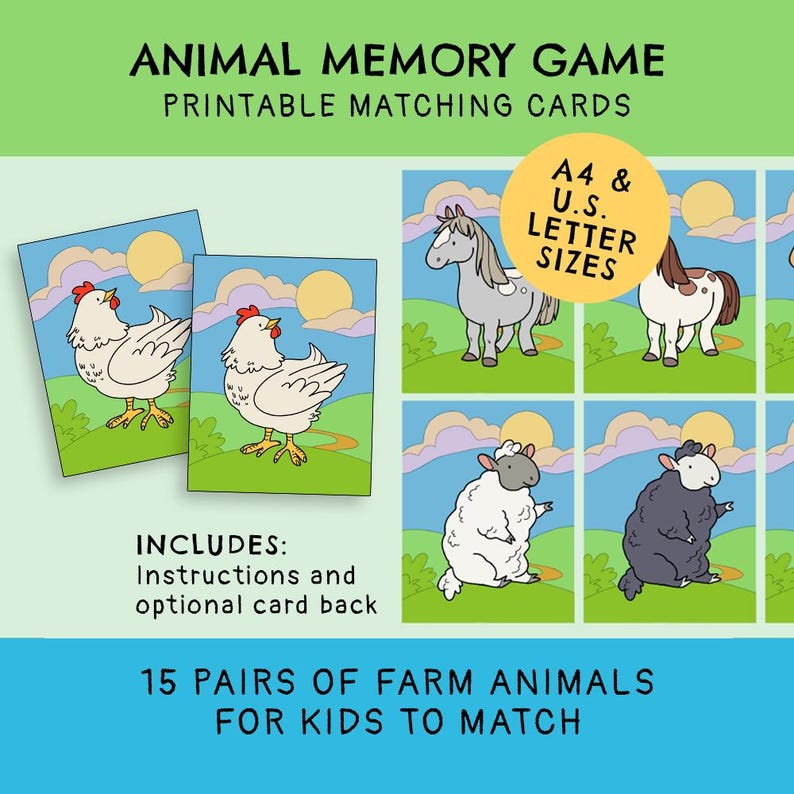 Farm Animal Memory Matching Pairs Tile Game for Kids | 15 Printable ...