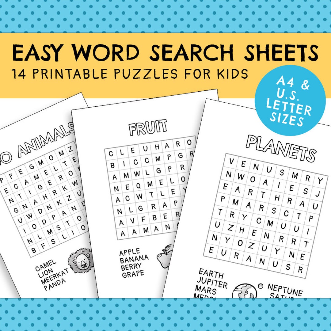 Easy Word Search Sheets for Kids (14 Printable Puzzles) | Instant ...