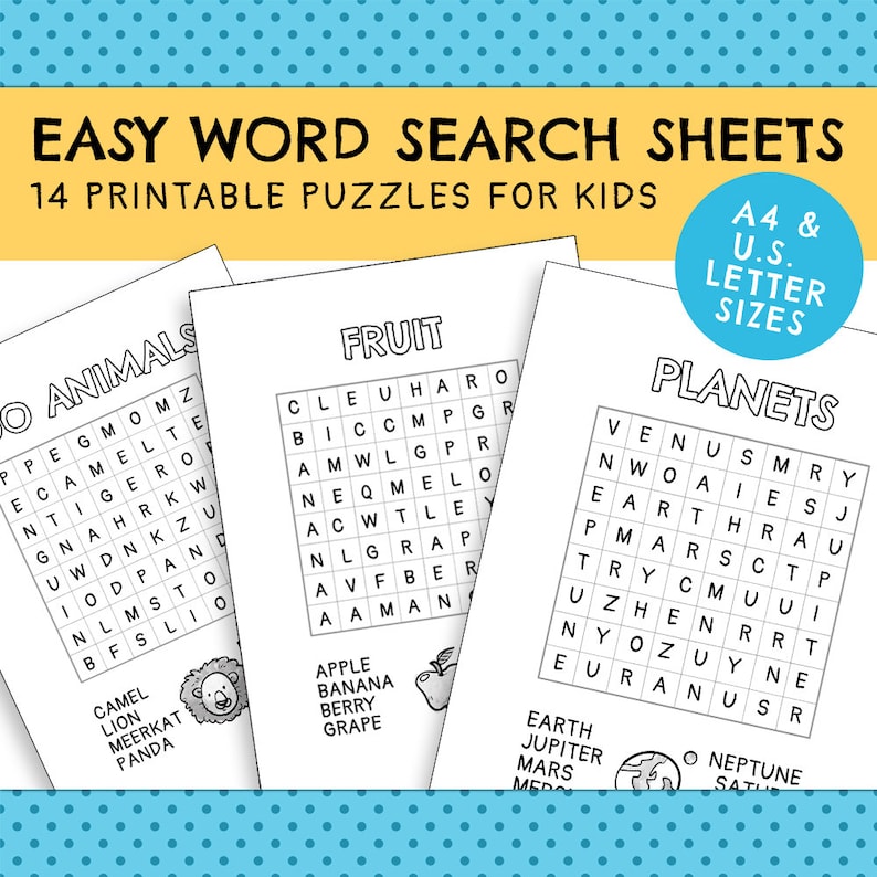 Easy Word Search Sheets for Kids (14 Printable Puzzles) | Instant ...