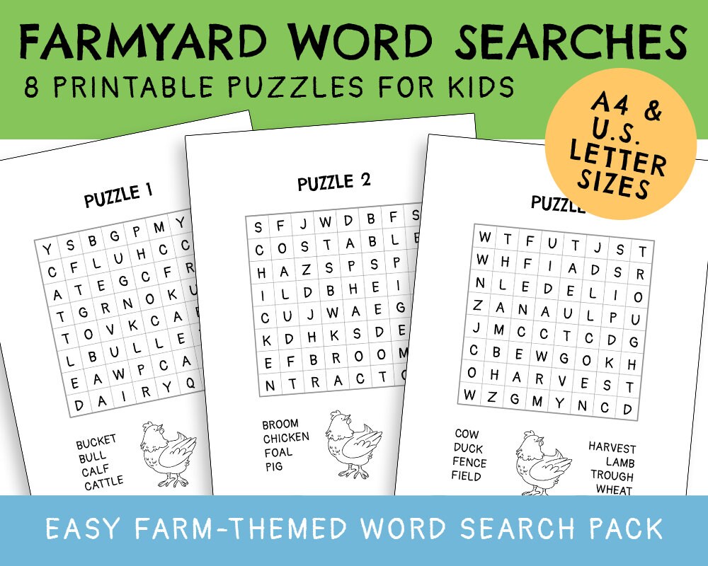 Easy Farmyard Word Search Sheets for Kids 8 Printable - Etsy