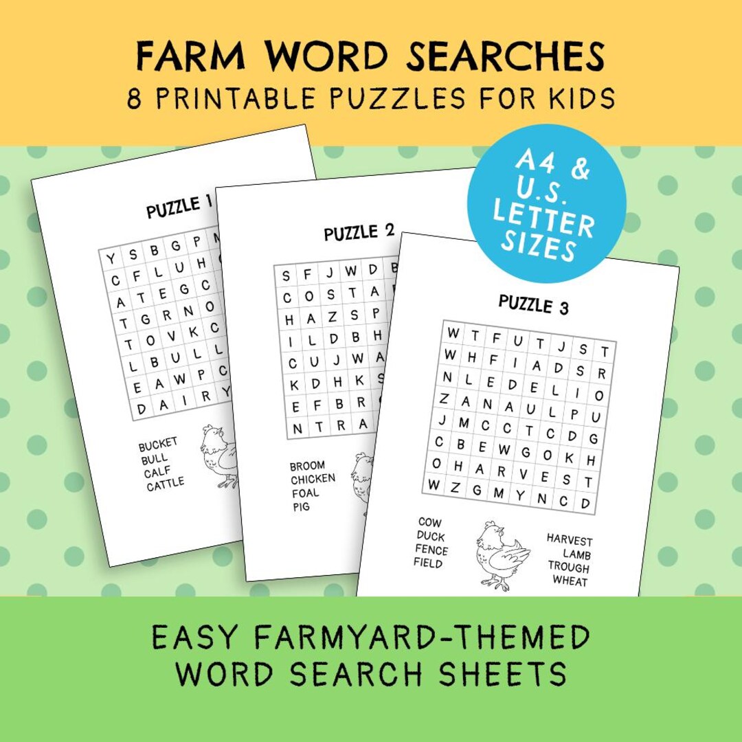 Easy Farm Animal Word Search Sheets for Kids (8 Printable Puzzles ...