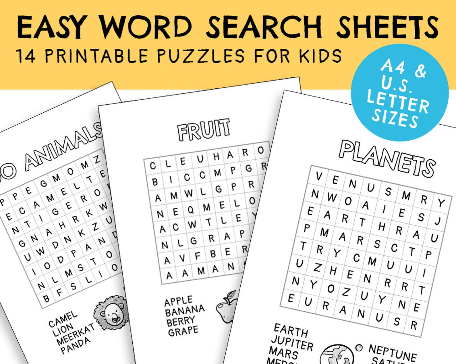 Easy Word Search Sheets for Kids 14 Printable Puzzles - Etsy
