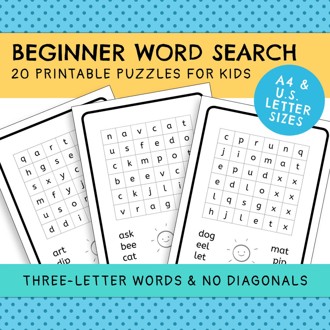 Easy Three-letter Word Search Sheets for Kids & Beginners (20 Printable ...