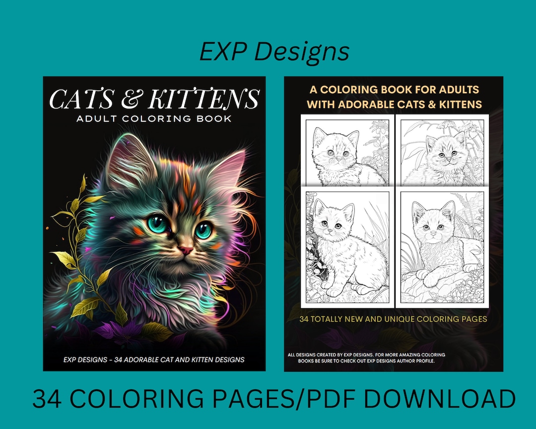 Cats and Kittens Adult Coloring Book /34 Cute and Adorable Cat and ...