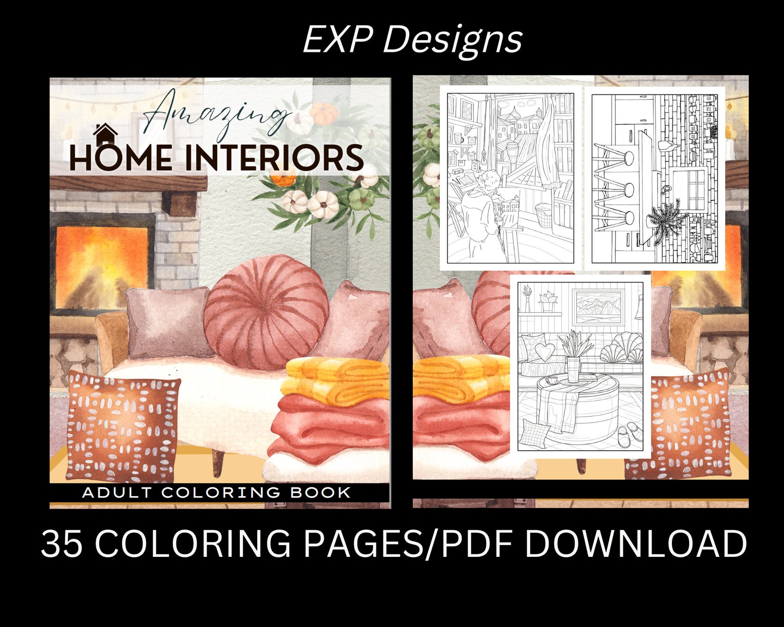 Amazing Home Interior Adult Coloring Book for Adults/35 Coloring Pages ...