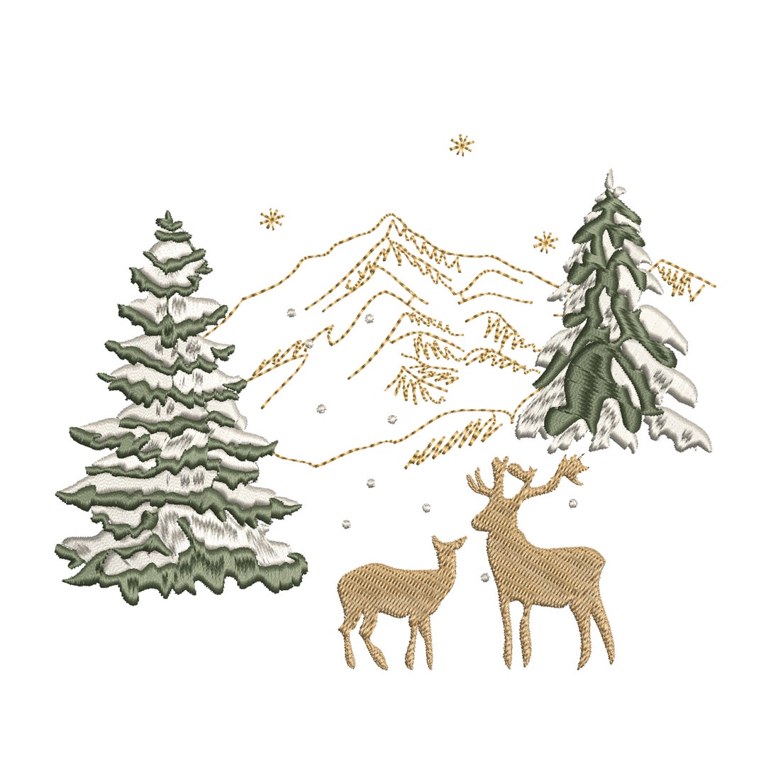 Deer in the Mountains Machine Embroidery Design, Christmas Holiday ...