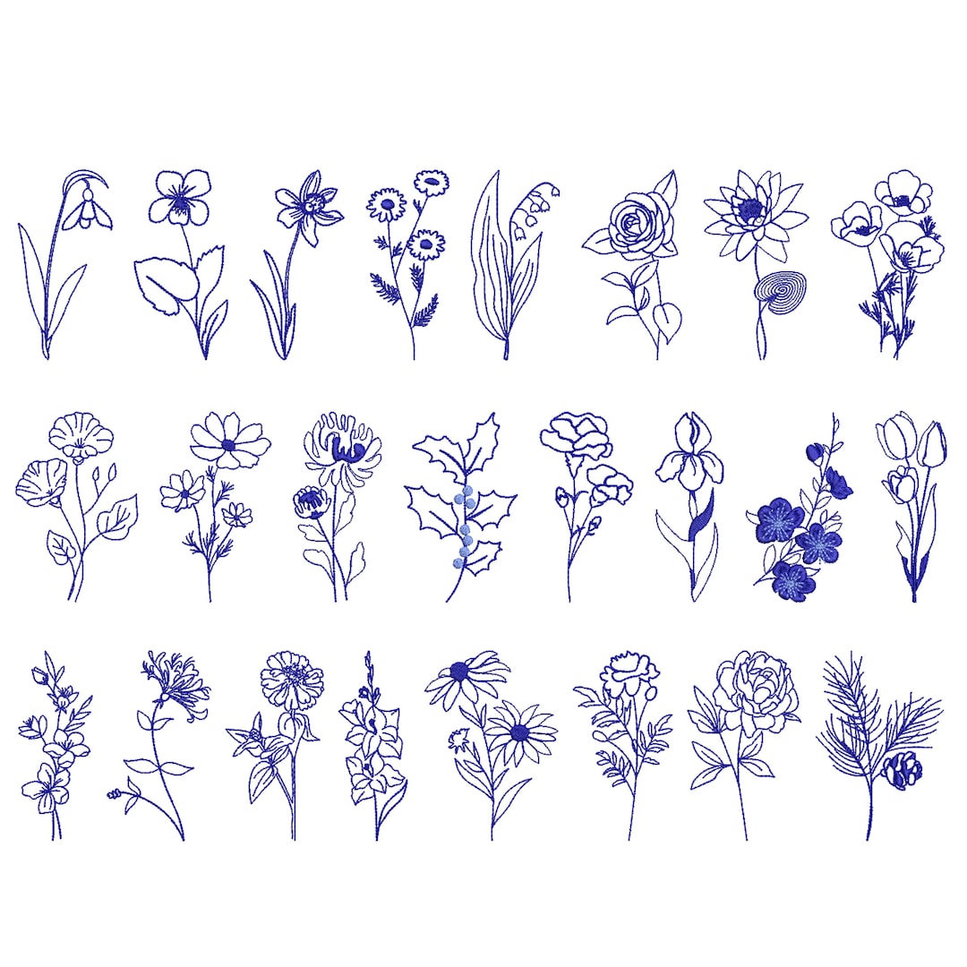 24 Birth Flowers Machine Embroidery Design Bundle, Birth Flower ...