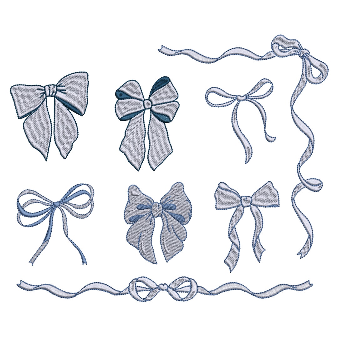 8 Ribbon Bow Machine Embroidery Designs Bundle, Chinoiserie Blue and ...