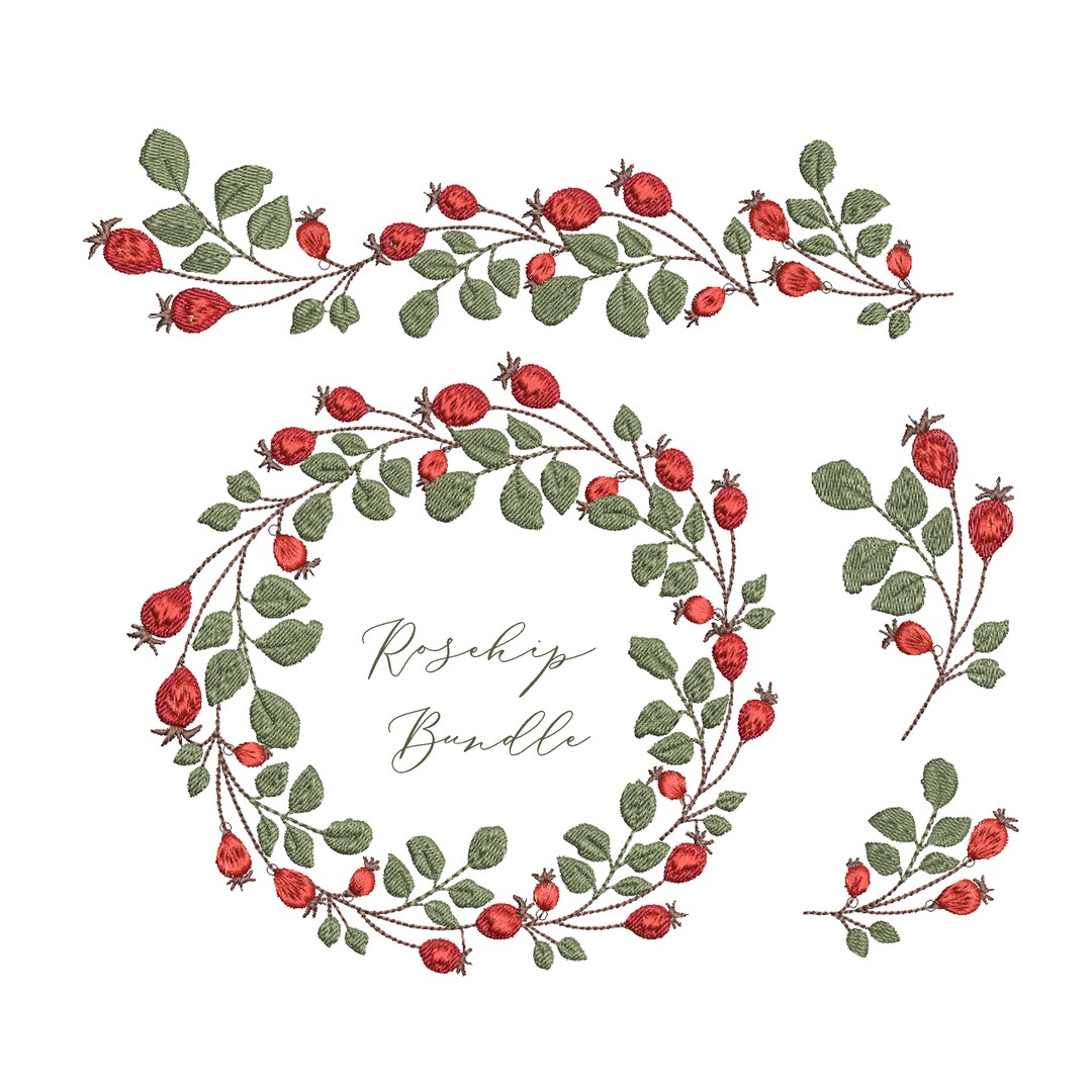 Rosehip Wreath, Border and Branch Machine Embroidery Design Bundle ...