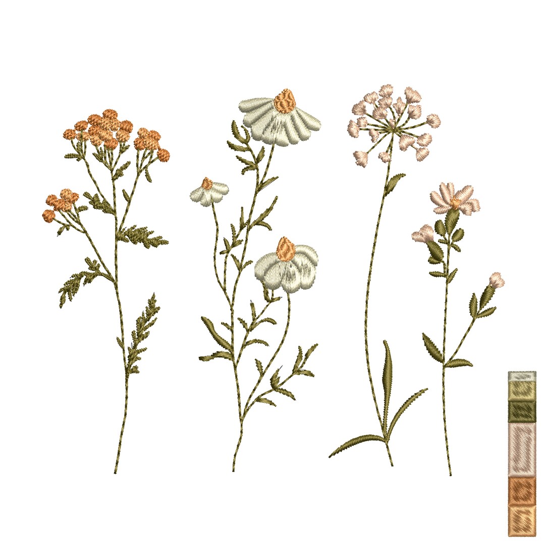 Wildflowers Machine Embroidery Tansy Chamomile Flower Floral Botanical ...