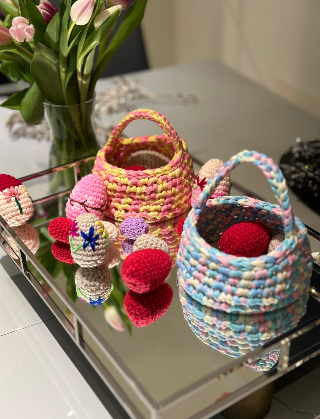 Handmade Crochet Easter Decor Easter Eggs and Baskets Pretend Play for ...