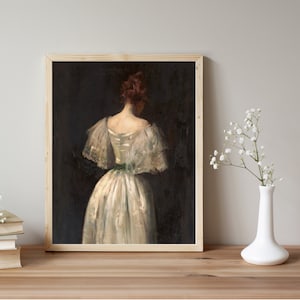 Vintage Woman Portrait Painting White Dress Lady Print Victorian Muted ...
