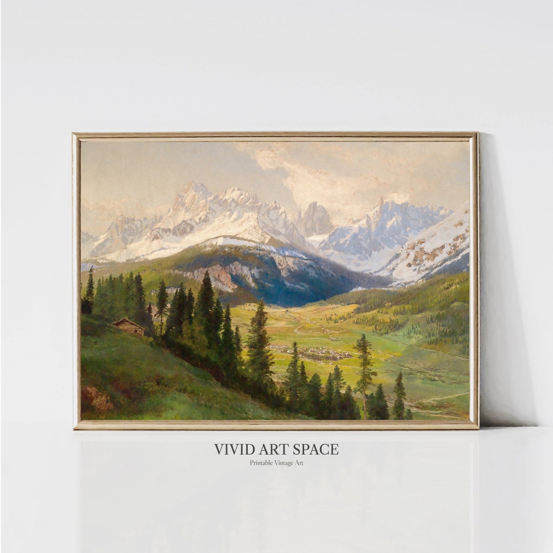 Snow Mountain Painting Rustic Country Art Print Vintage Landscape Print ...