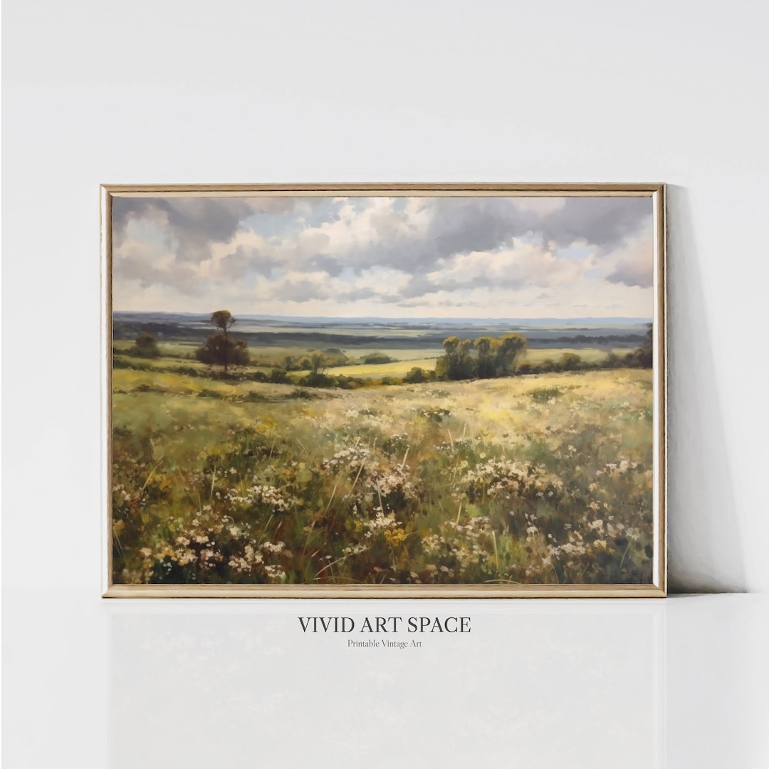 Muted Meadow Wildflowers Painting | Vintage Spring Landscape Print ...