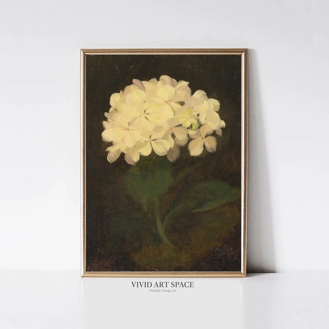 White Hydrangea Painting | Vintage Art Print | Dark Floral Print ...