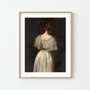 Vintage Woman Portrait Painting White Dress Lady Print Victorian Muted ...
