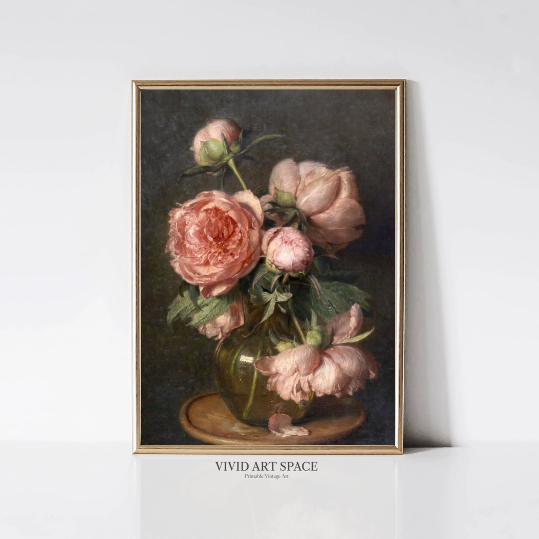 Moody Pink Peonies Painting | Vintage Art Print | Flower Print | Dark ...
