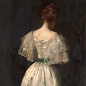 Vintage Woman Portrait Painting White Dress Lady Print Victorian Muted ...