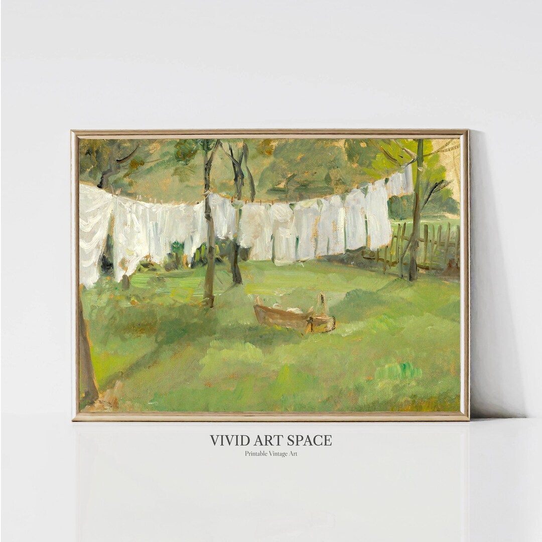 Clothesline Painting | Vintage Landscape Painting | Rustic Art Print ...