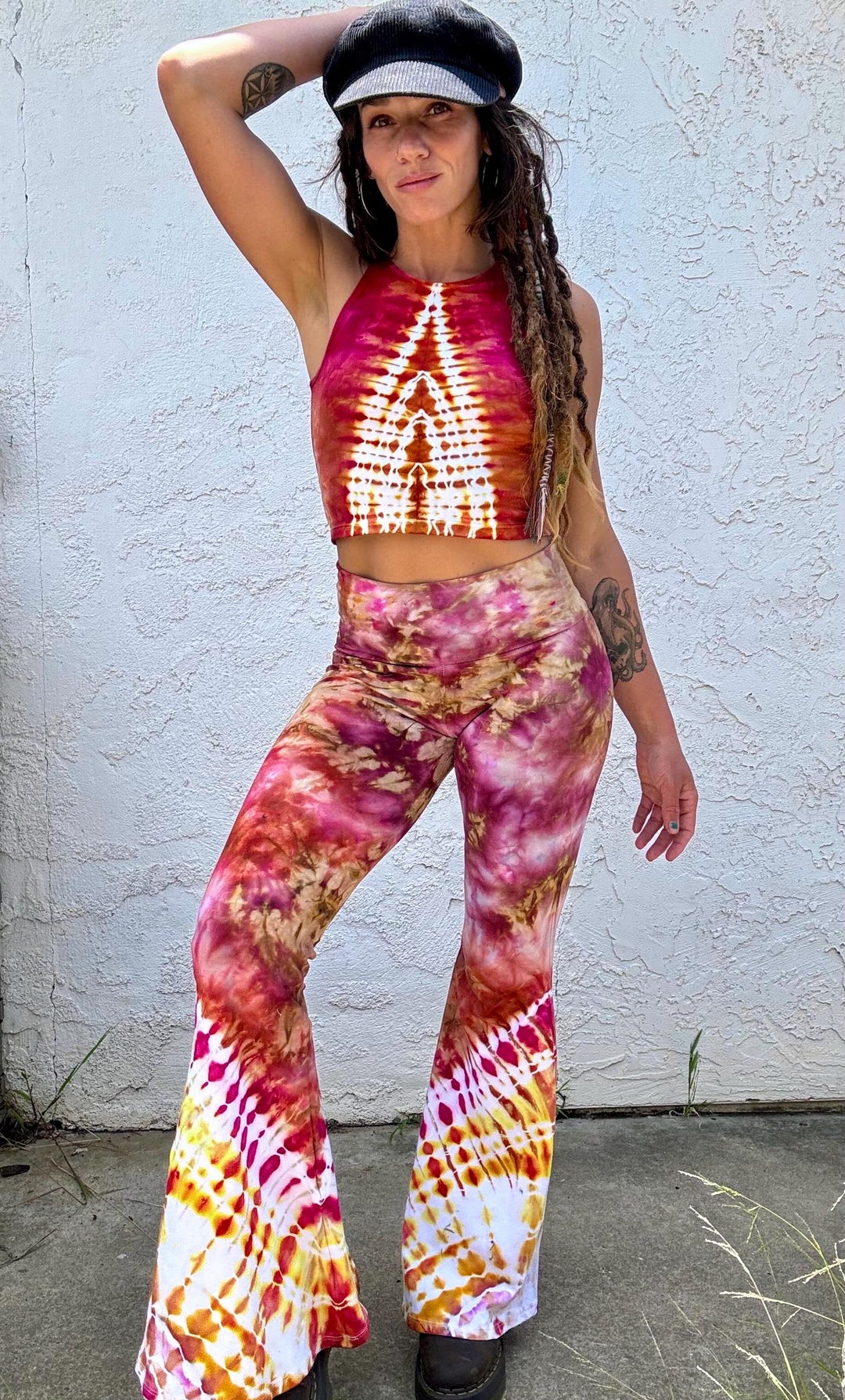 Small Sunshine Tiedye Crop Top Set: Hippie Boho Bell Bottom Leggings - Etsy