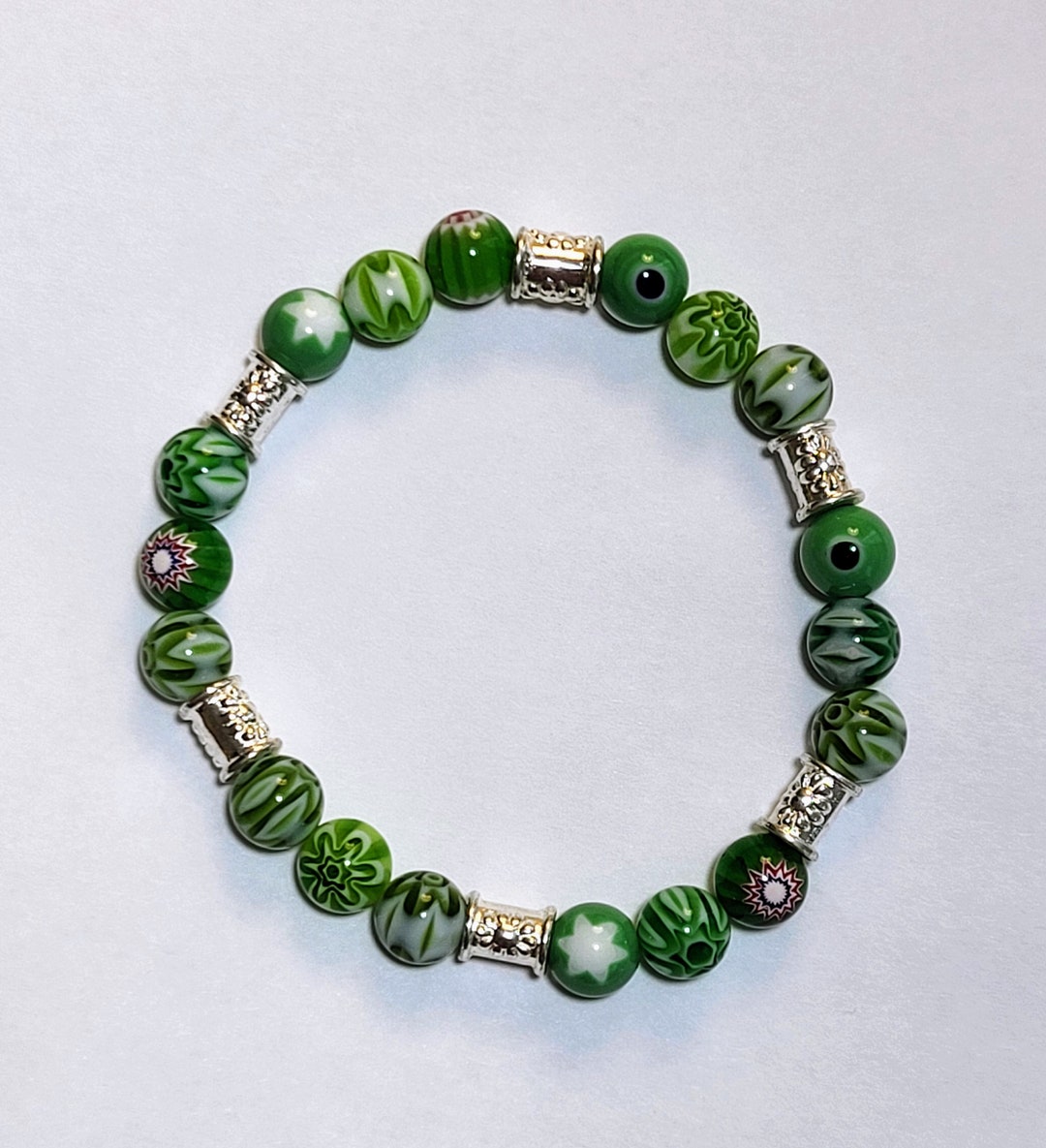 Zany Green, White, Blue and Hint of Red Glass Beads/silver Beads ...