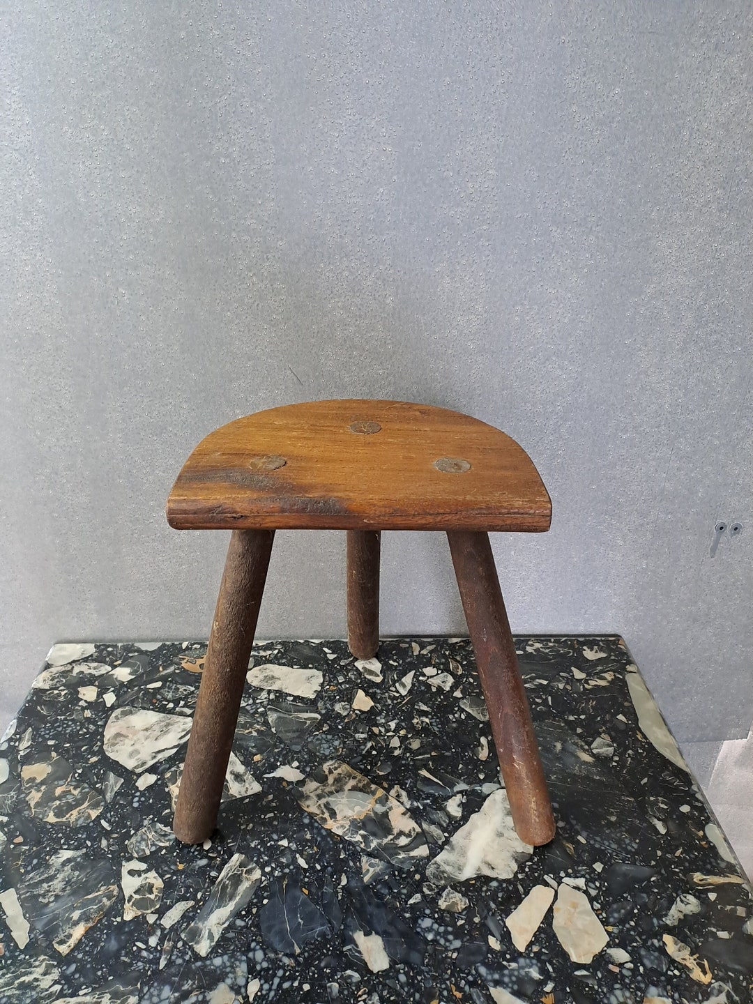 French Wooden Farm Stool 50's Half Moon Milkman Brutalist Vintage ...