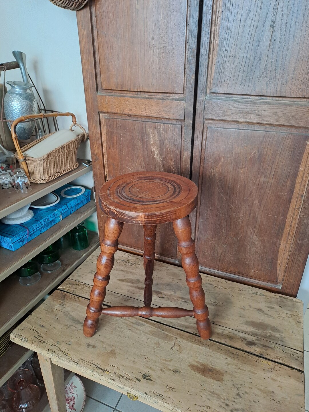 French Farm Stool Wood 50's Countryside Chic Tripod Brutalist Rustic ...