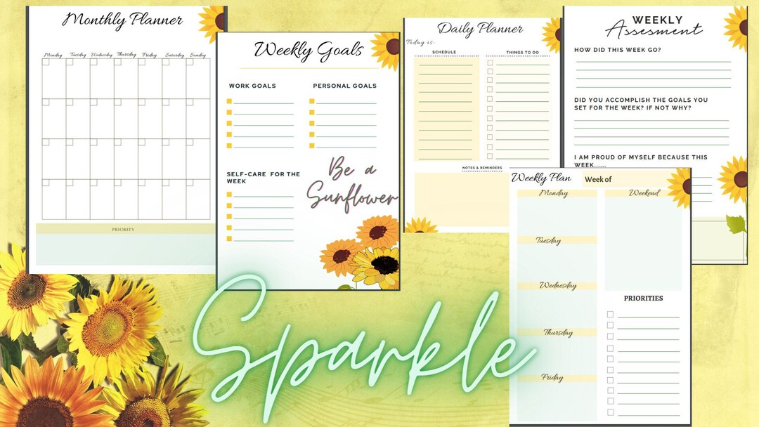 Sunflower Planner Sheets- Monthly, Weekly, Daily, Goal, Weekly ...