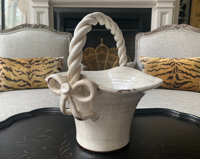 Vintage Ceramic Basket Planter With Bow Large, Heavy Pottery Basket ...