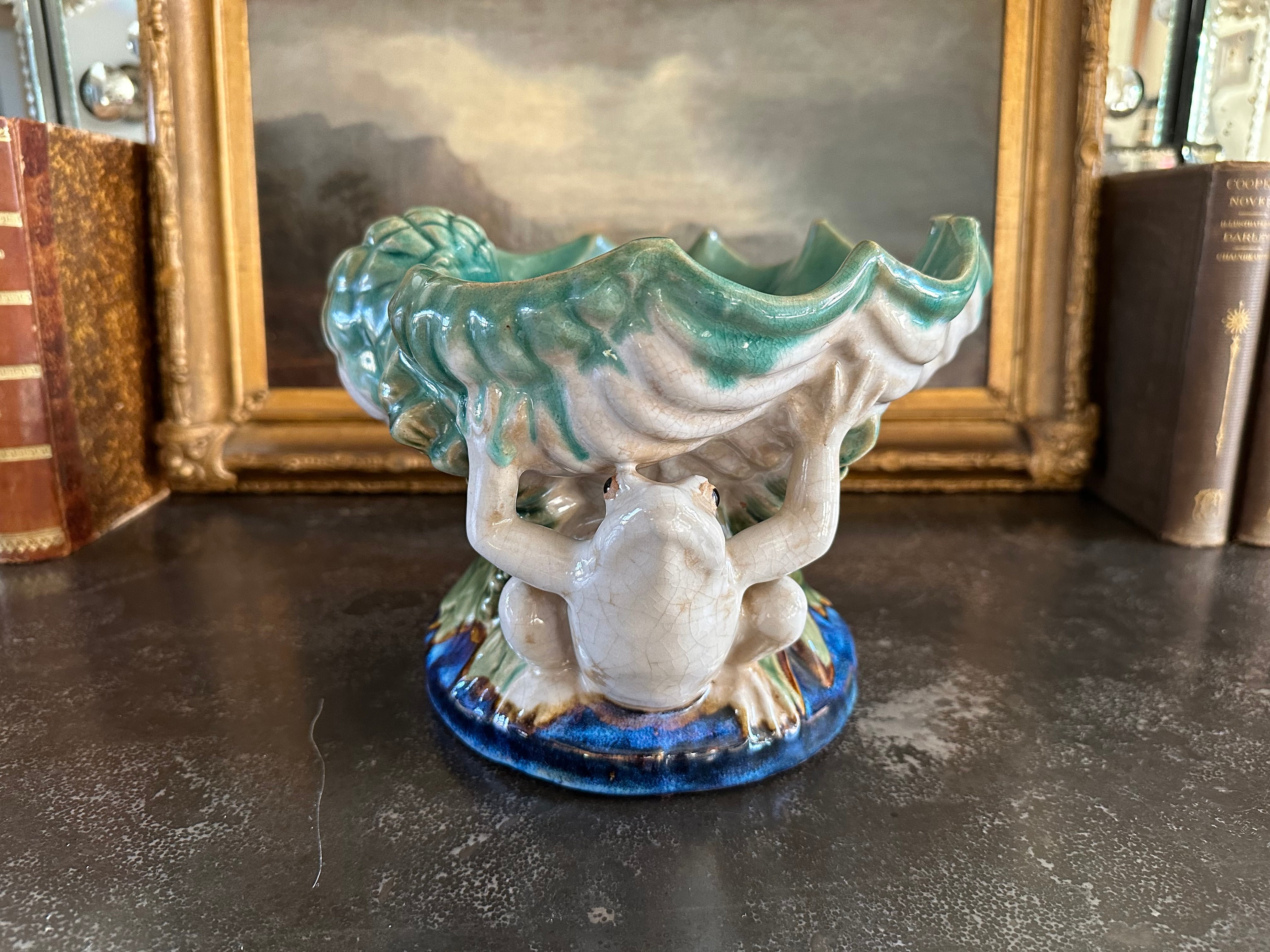 Vintage Majolica Frog Bowl, Bird Bath, Pedestal Bowl, Ceramic Compote ...