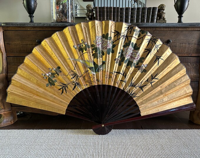 Large Vintage Chinese Fan, Chinoiserie Wall Hanging, 34.5 H X 61 W ...