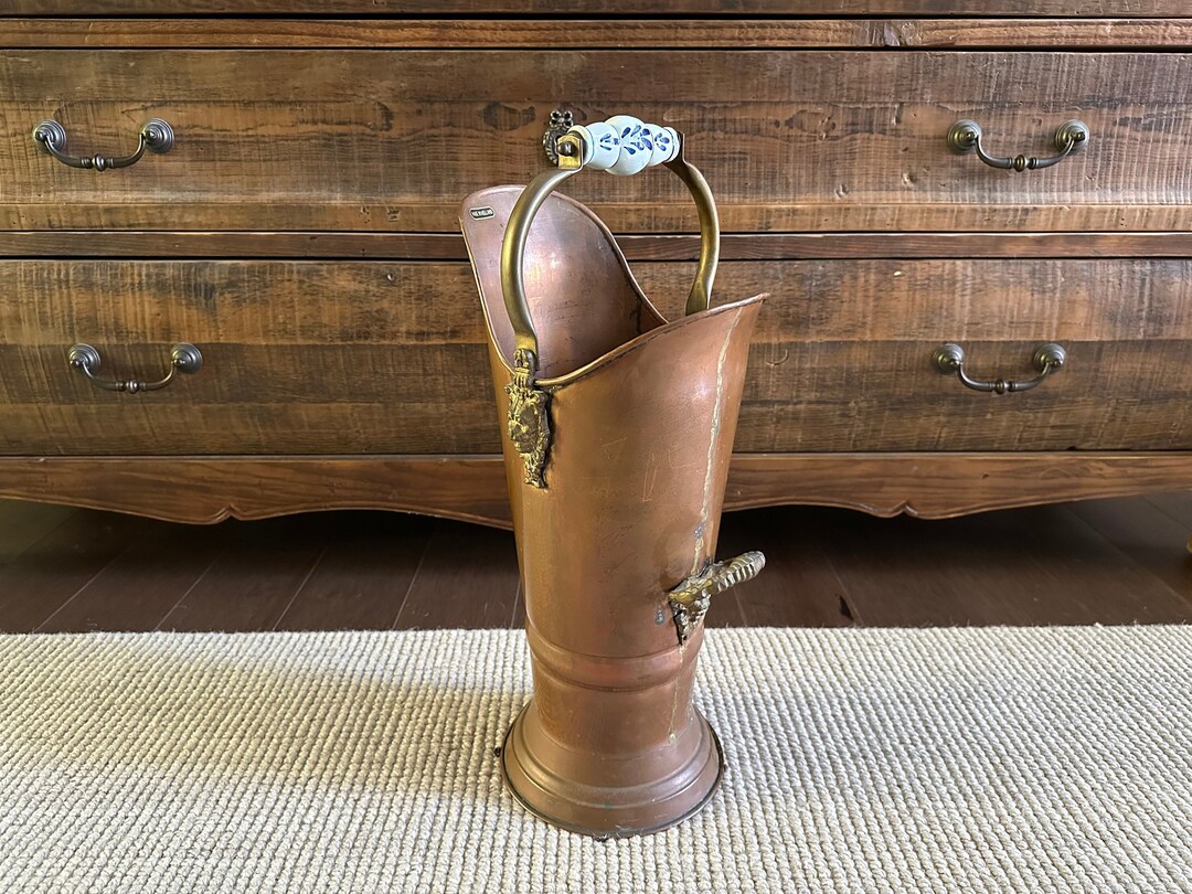 Vintage Copper Scuttle With Delft Porcelain Handle, Brass Lion Head ...