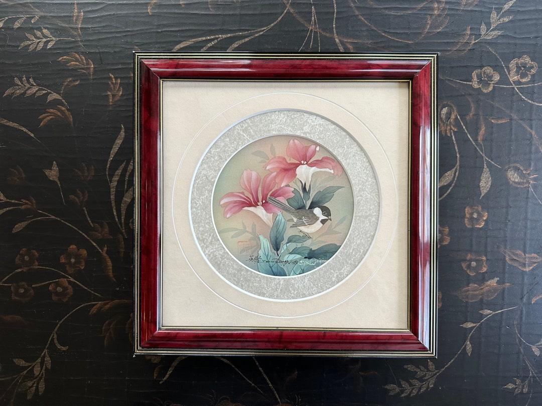 Vintage Chinese Silk Painting "chickadee & Gardenia", 9.75" X 9.75 ...