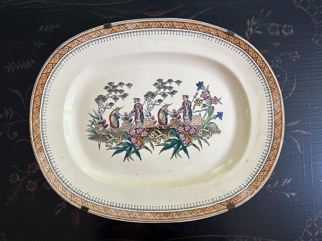 Large Antique Chinoiserie Platter With Chain Wall Hanger Chang Pattern ...