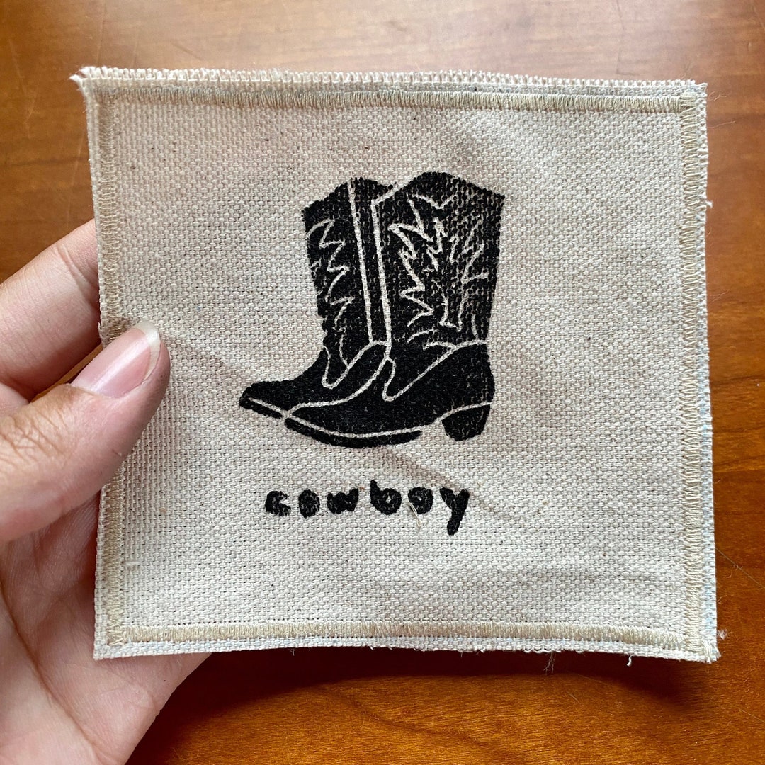 Cowboy Boots Hand Printed Canvas Patch | Iron on Original Handmade ...