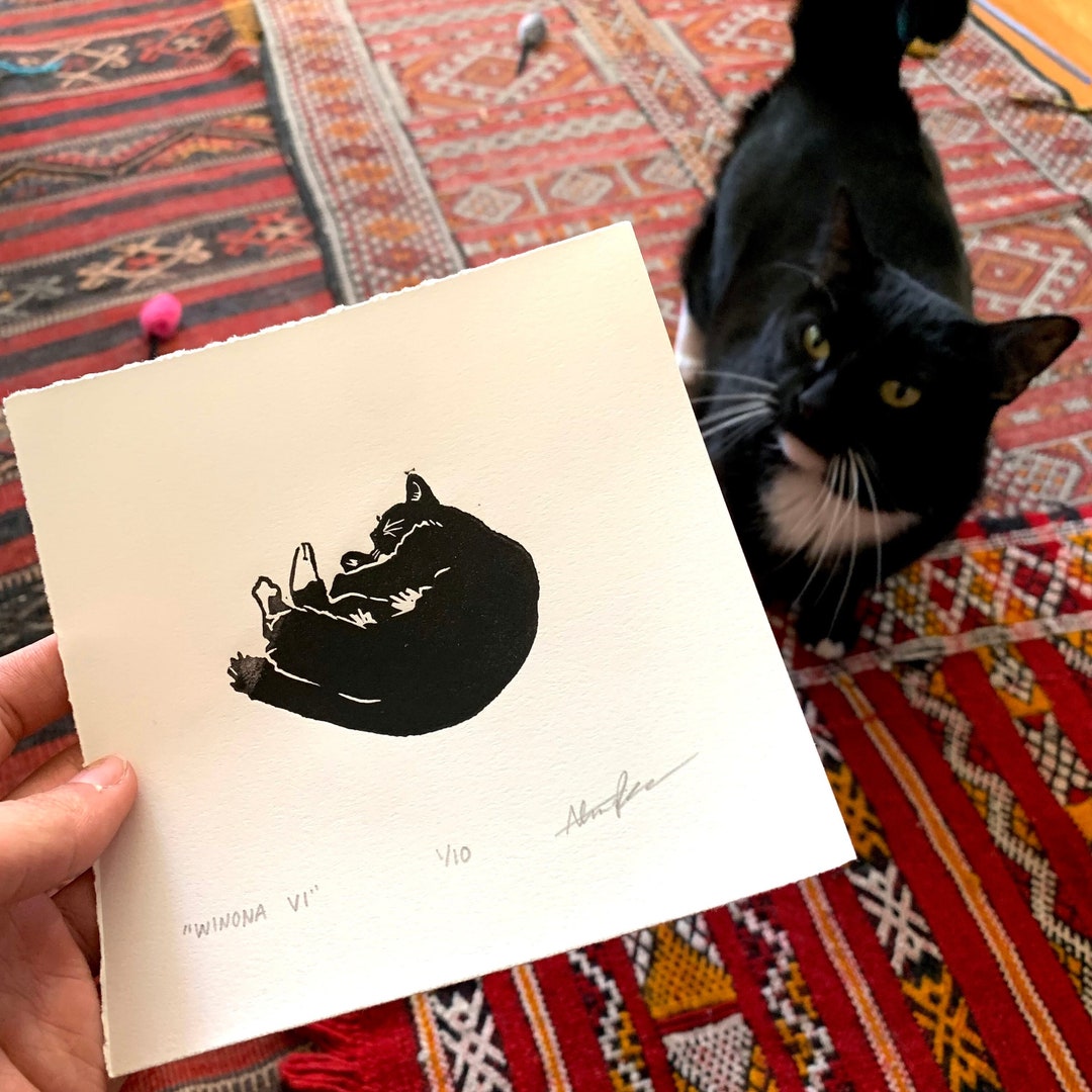 Black Cat Mini Linocut Print || Original Handprinted Kitty Lover Block ...