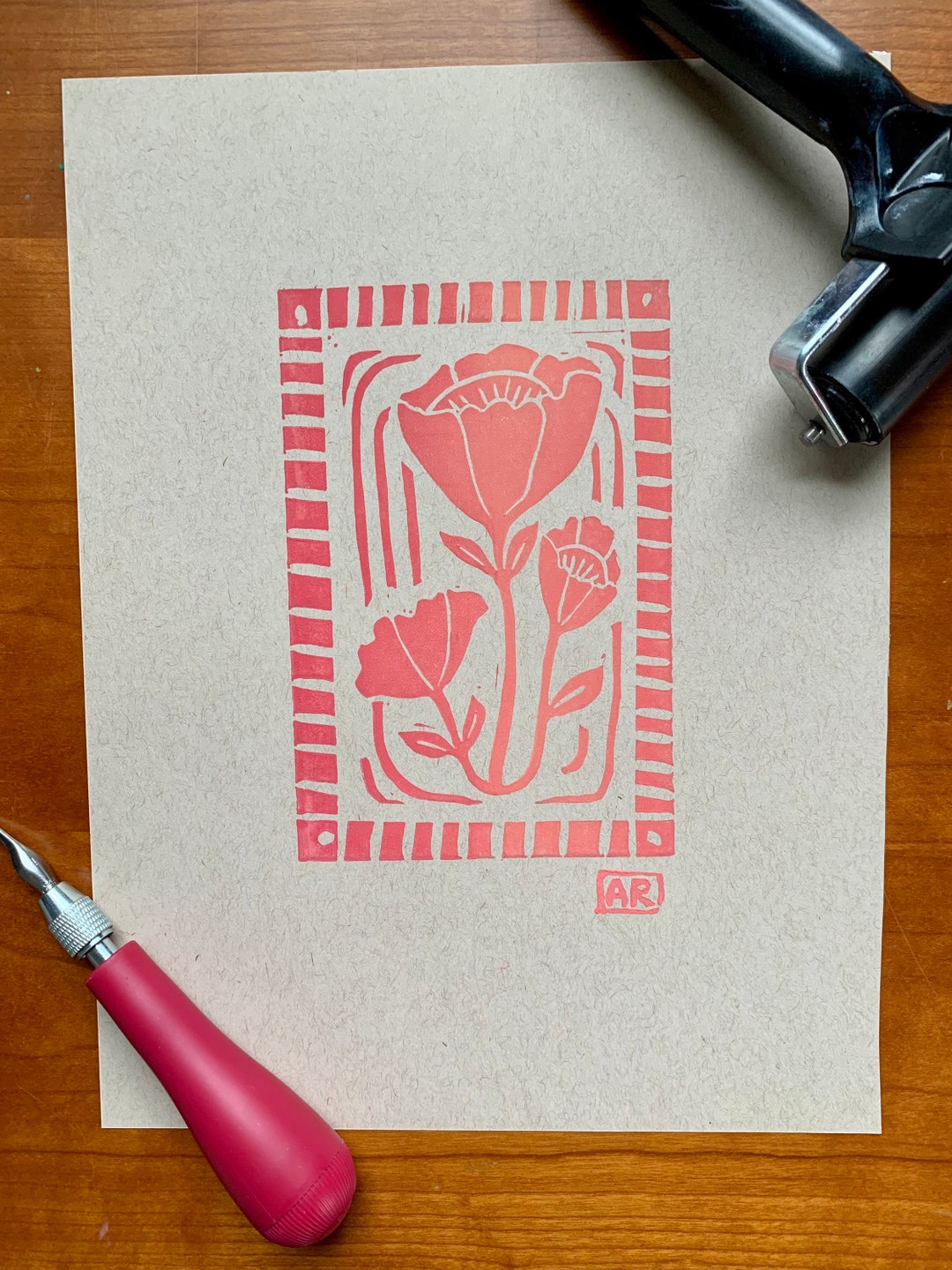 Sunset Boho Flower Block Print, Hand Printed Linocut Print - Etsy