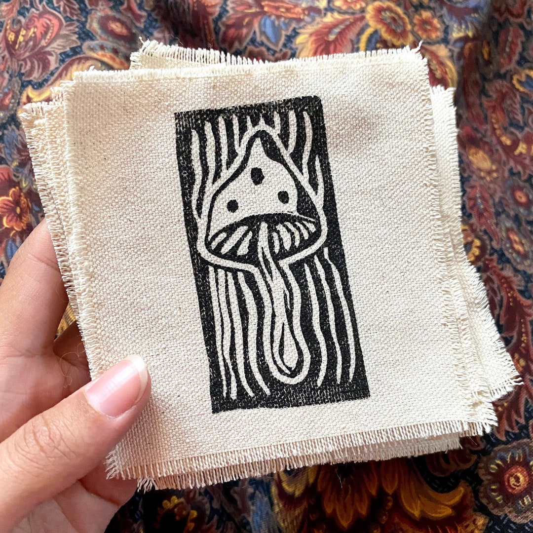 Mushroom Hand Printed Canvas Patch | Block Print Iron on Patch for ...