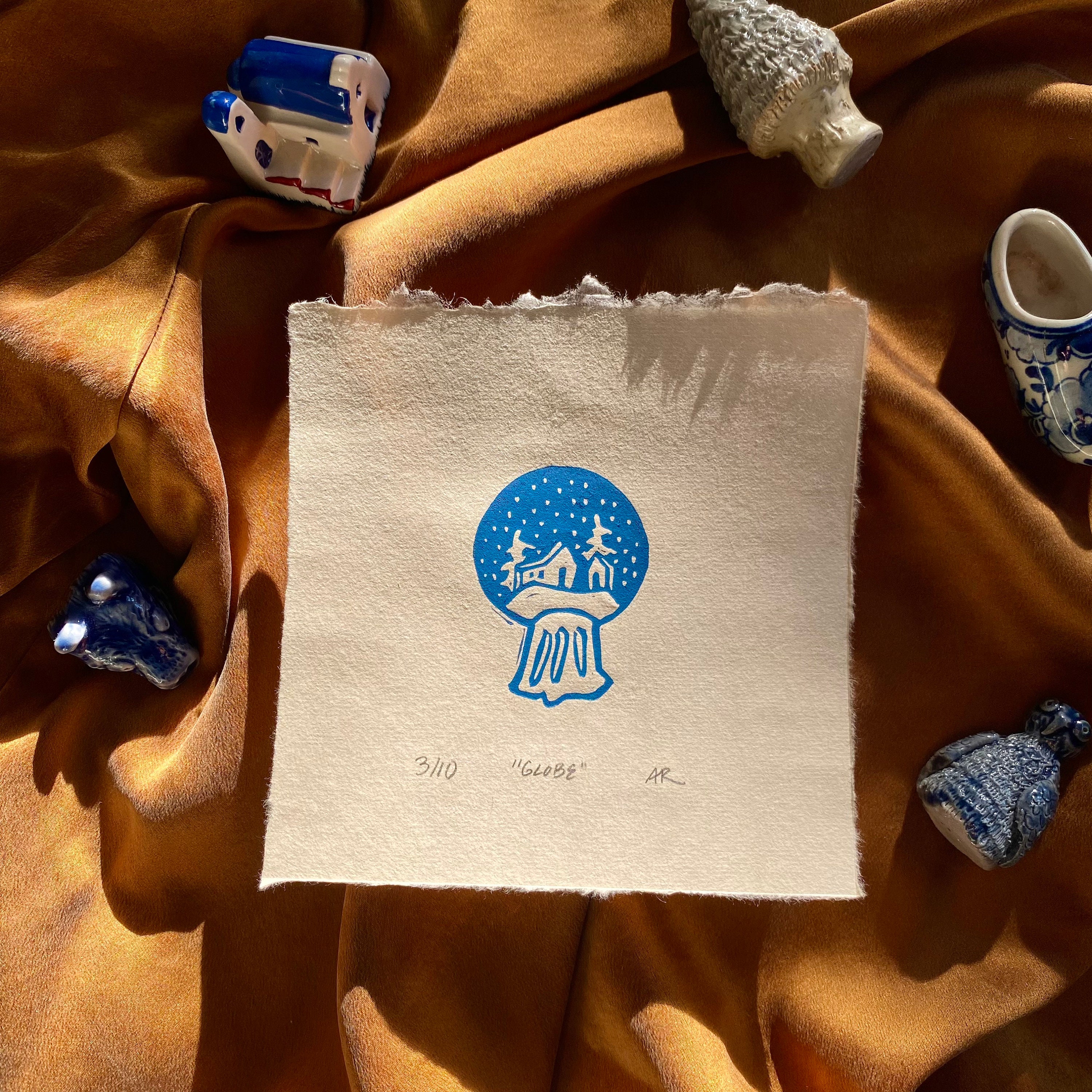 Snow Globe Original Art Linoleum Print || Hand Printed Blue Holiday ...