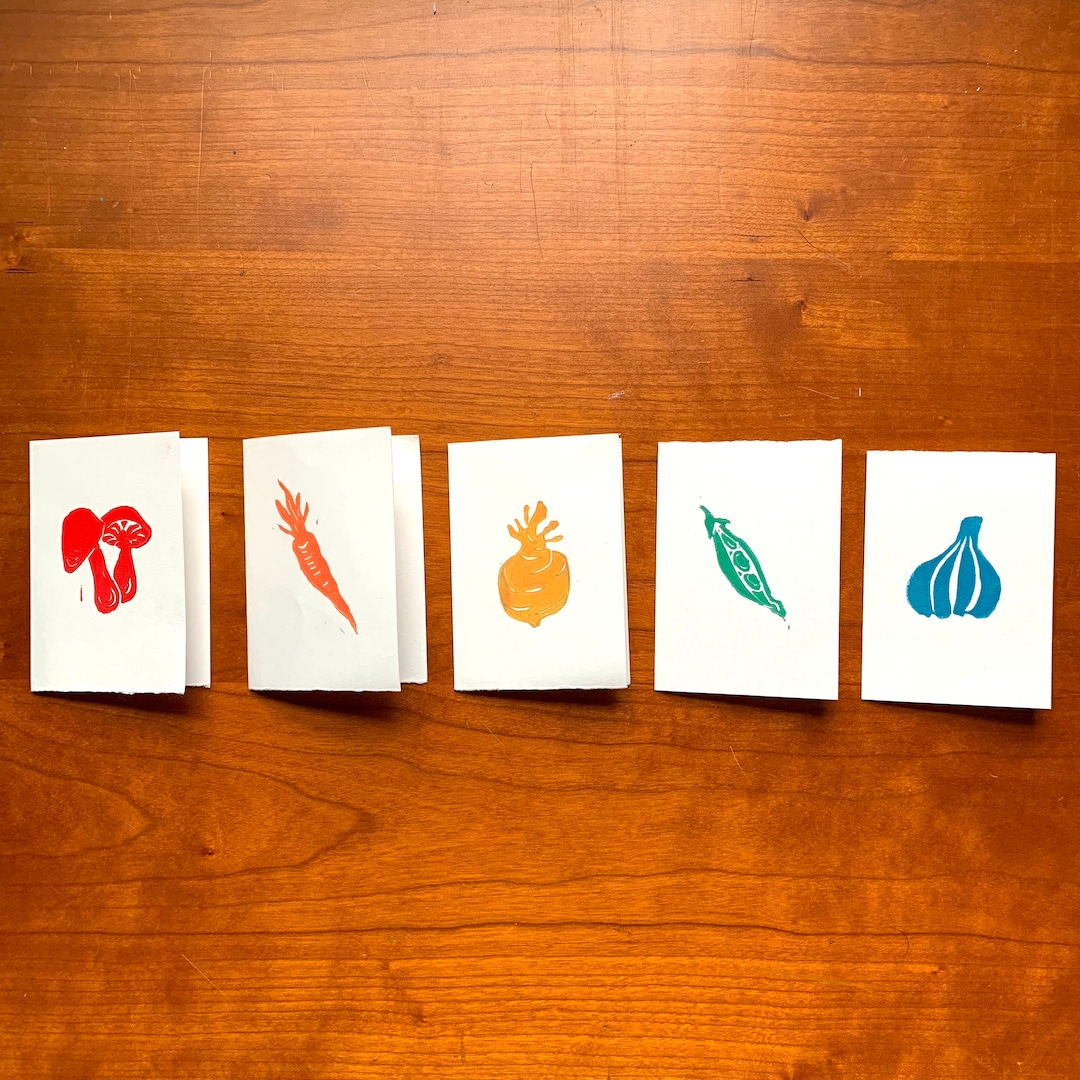 Rainbow Mini Veggie Hand Printed Cards | Block Printed Original ...