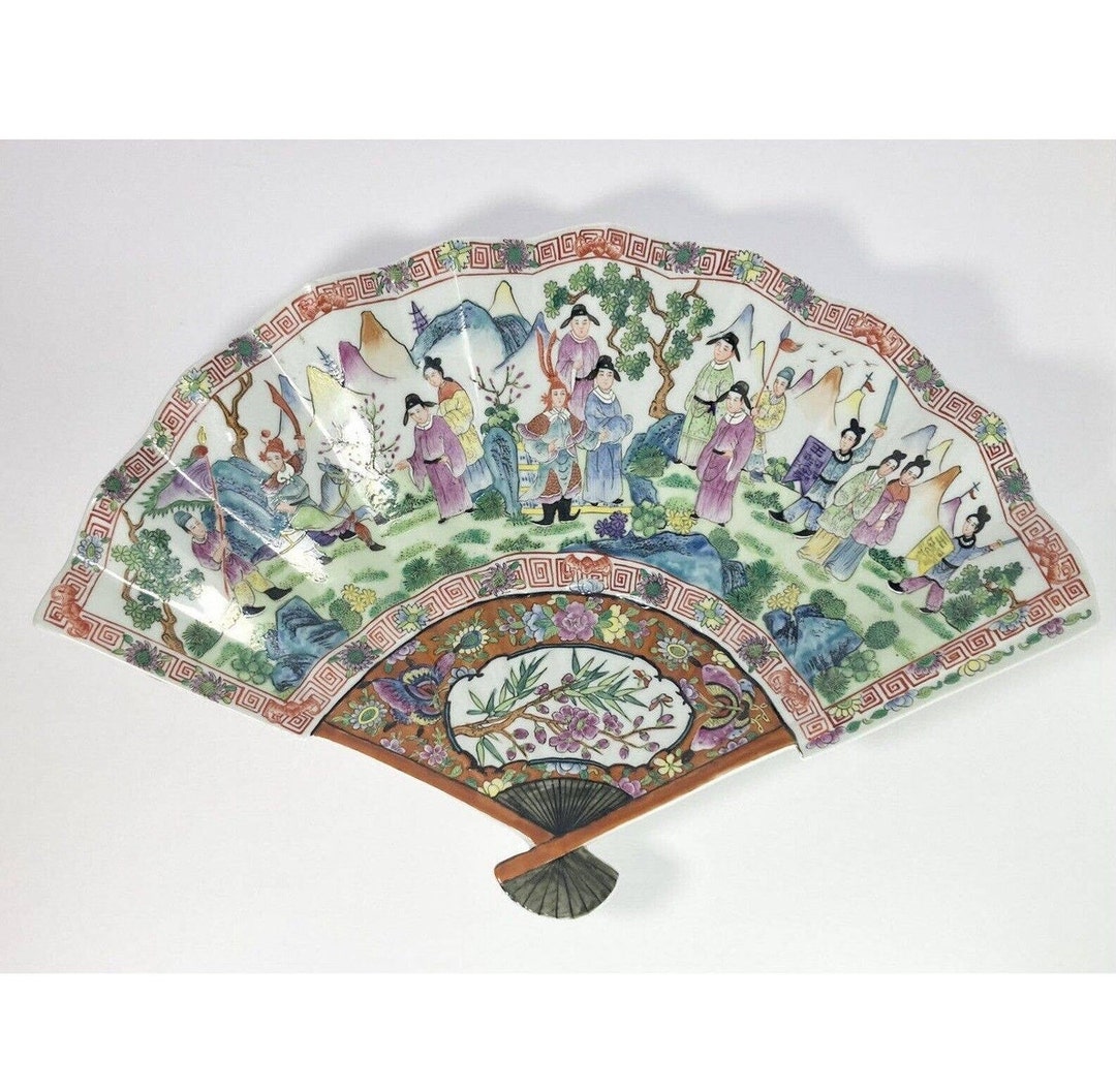 Large 19 Vintage Chinese Colorful Handpainted Footed Fan Shaped Dish ...