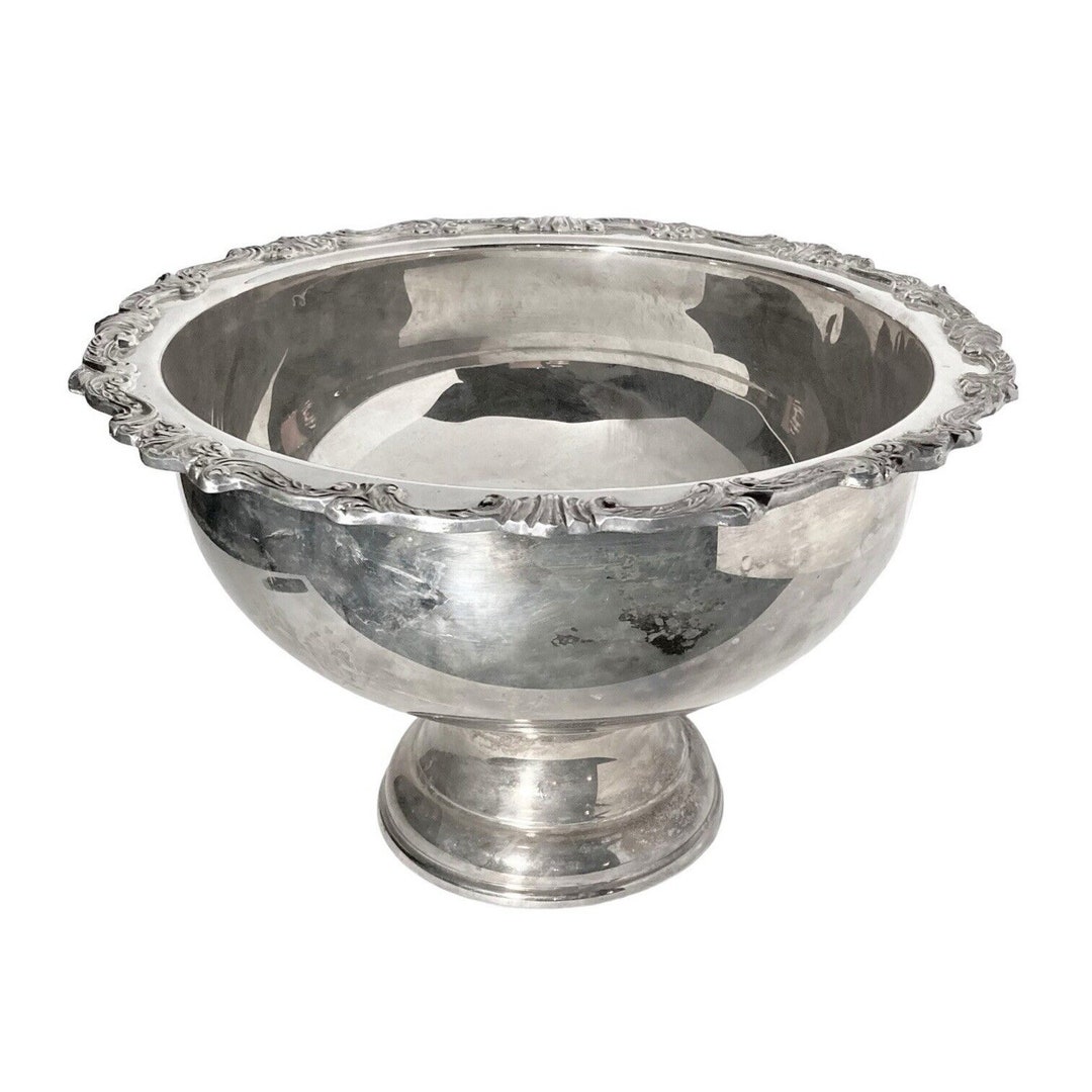 1960s Large Round Footed Silverplate Punch Bowl 16 1/4 Scroll Ornate ...